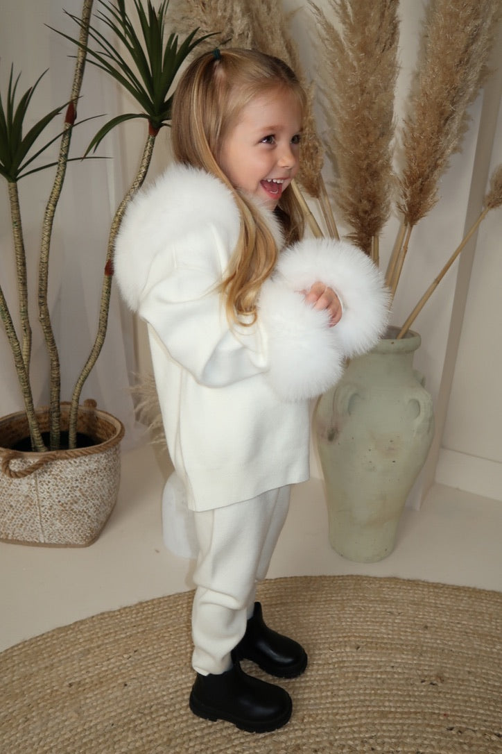 Childrens Cream Luxury Fur Trim Hood & Cuff Tracksuit – Luca London