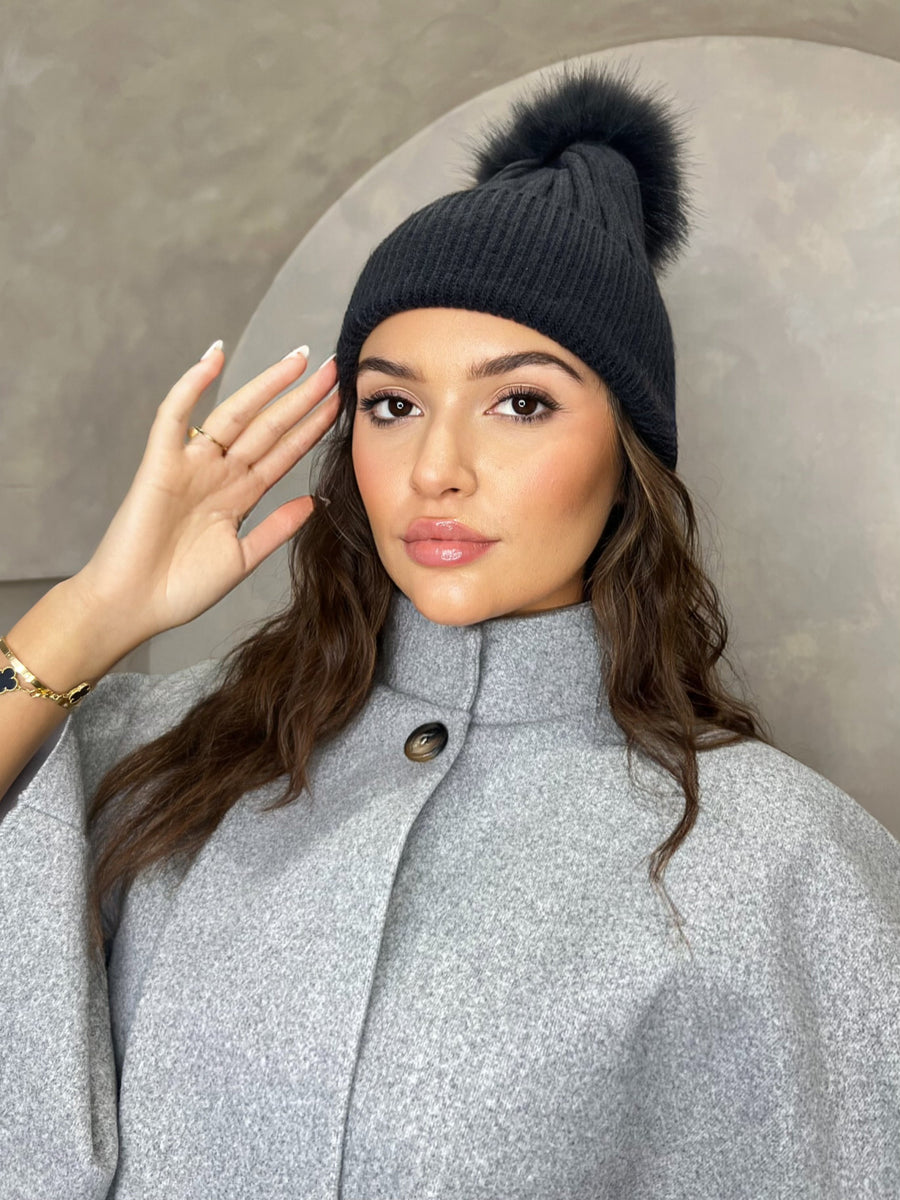 Charcoal Premium Faux Fur Bobble Hat – Luca London