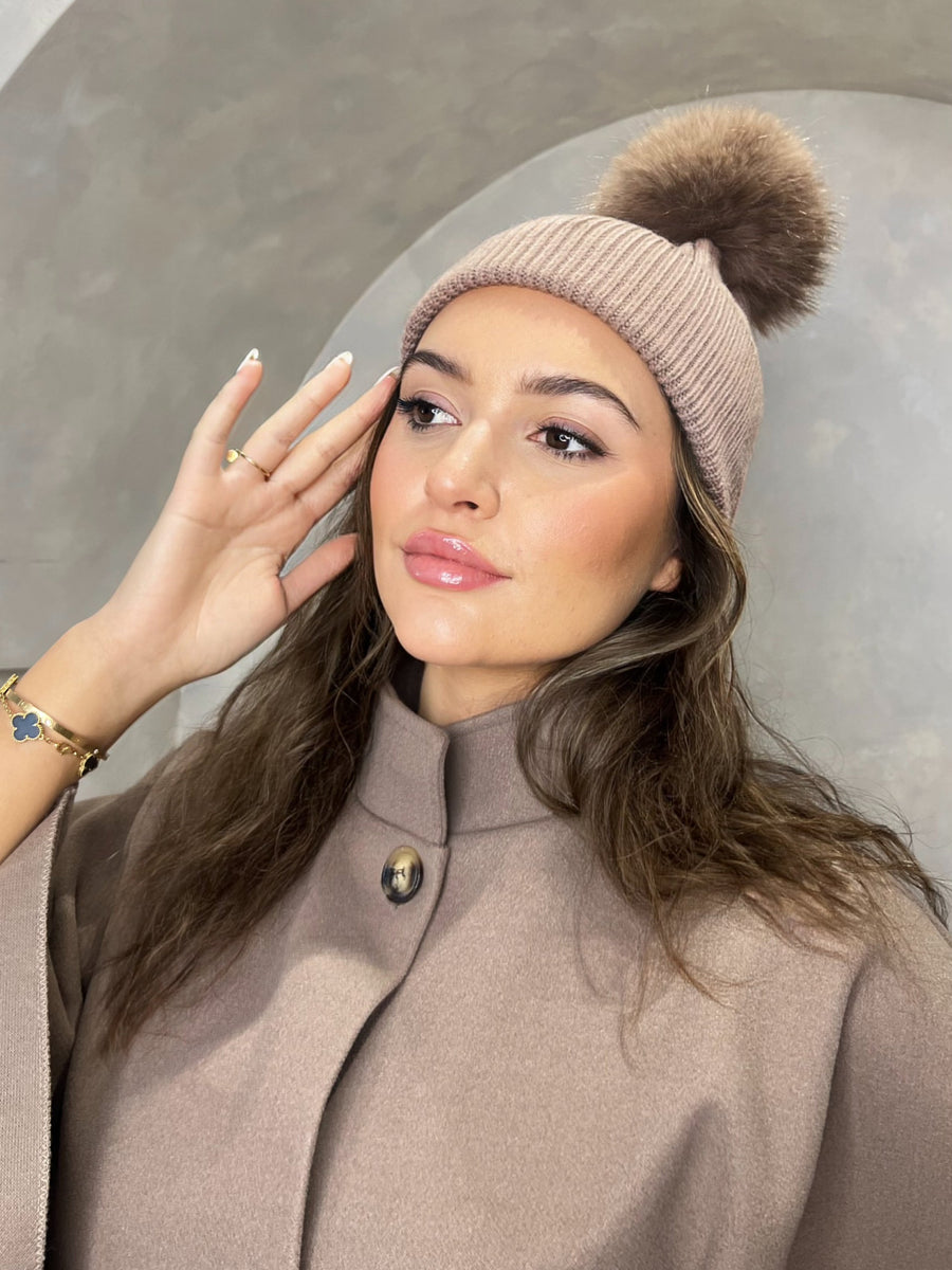 Taupe Premium Faux Fur Bobble Hat – Luca London