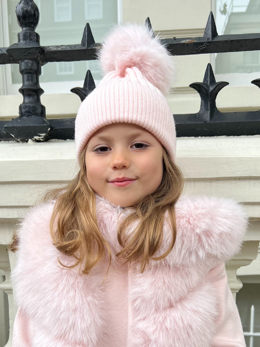 Childrens Baby Pink Premium Faux Fur Bobble Hat – Luca London