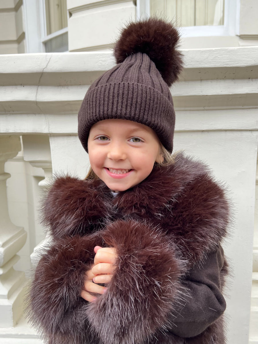 Childrens Chocolate Premium Faux Fur Bobble Hat – Luca London