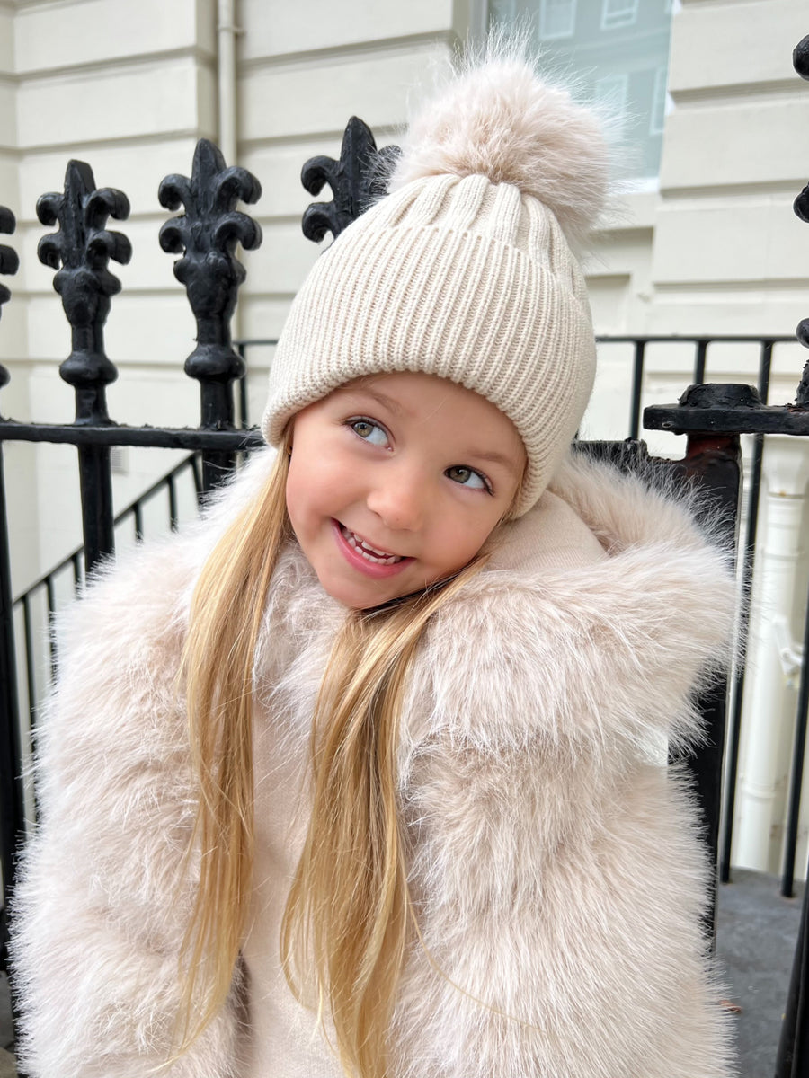 Childrens Light Beige Premium Faux Fur Bobble Hat – Luca London