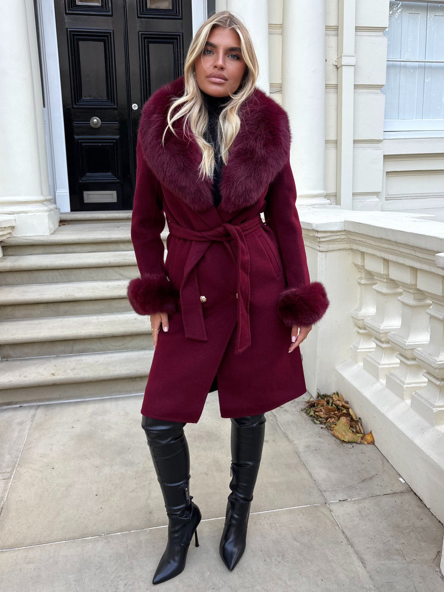 Burgundy Luxury Fur Cashmere Coat – Luca London