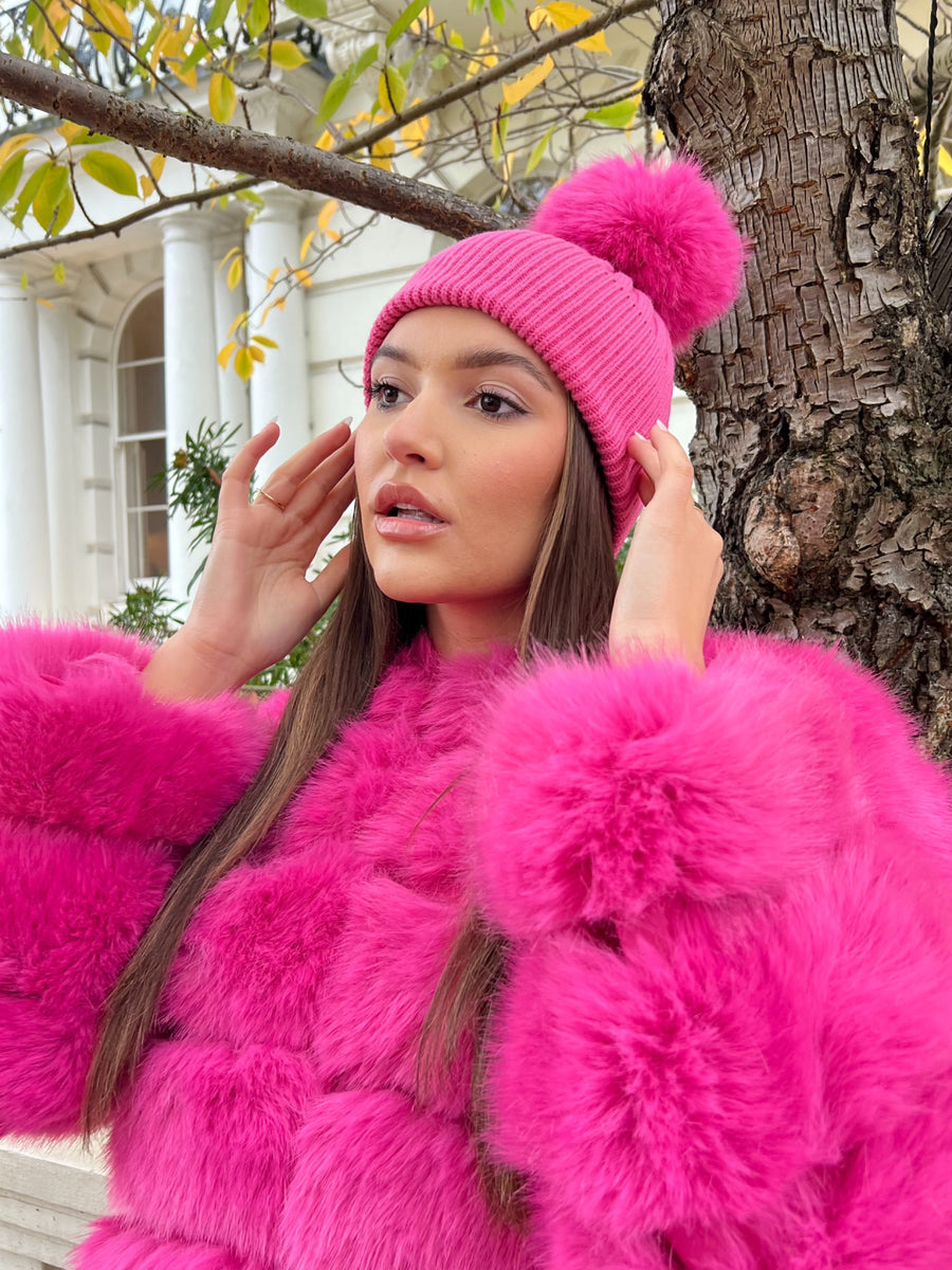 Hot Pink Premium Faux Fur Bobble Hat – Luca London