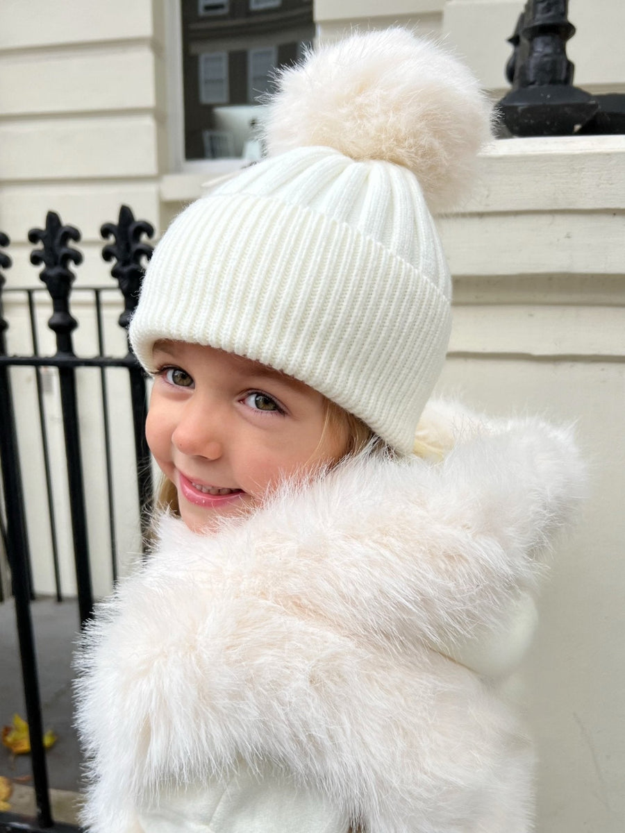 Childrens Cream Premium Faux Fur Bobble Hat – Luca London
